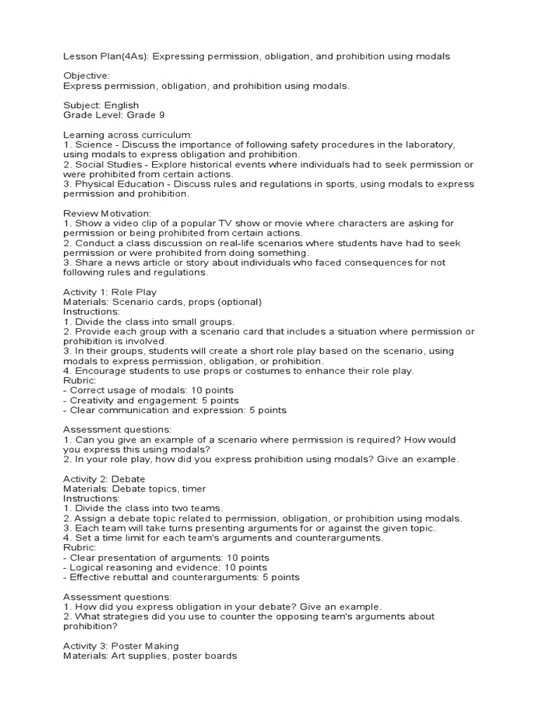 Lesson Plan (4as) - Expressing Permission, Obligation, and Prohibition ...