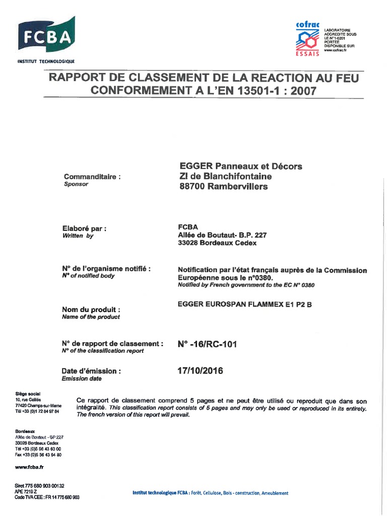 CR EGGER Eurospan Classification Report Flammex E1 P2 EN | PDF