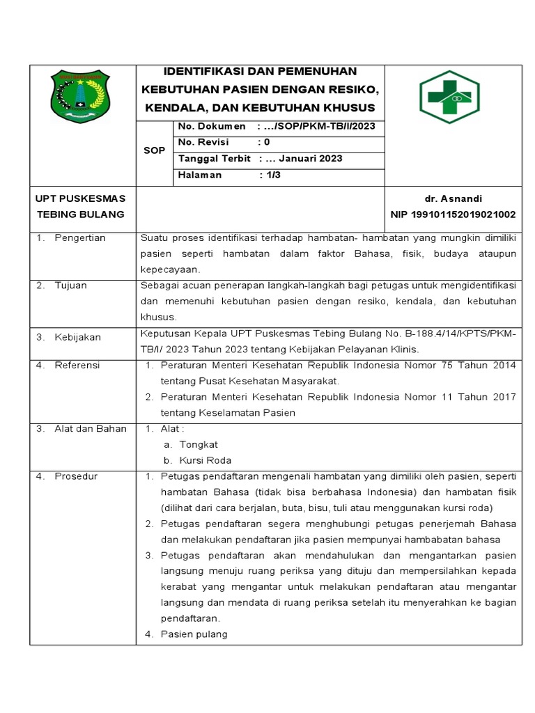 SOP Identifikasi Dan Pemenuhan Kebutuhan Pasien Dengan Resiko, Kendala Dan Kebutuhan Khusus | PDF