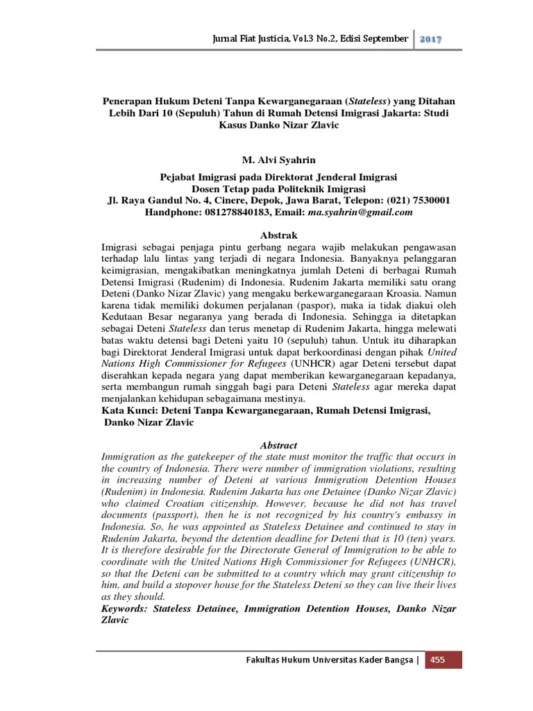 Jurnal Penerapan Hukum Deteni Tanpa Kewarganegaraan (Stateless) | PDF