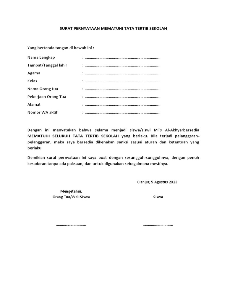 Surat Pernyataan Mematuhi Tata Tertib | PDF