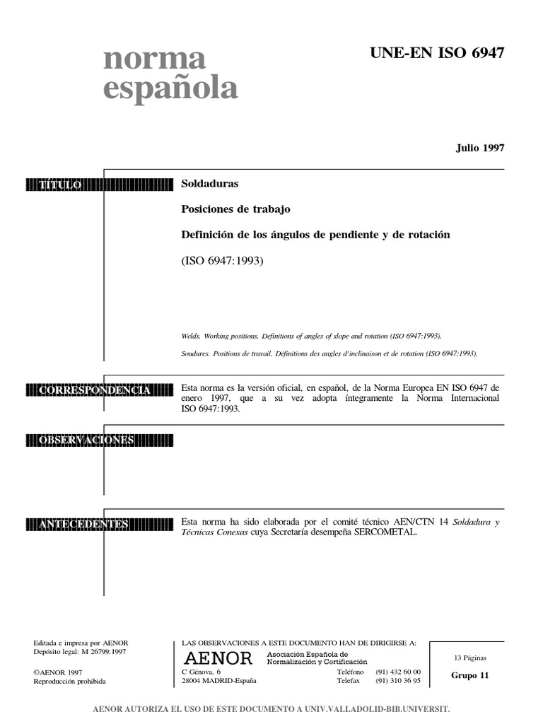 ISO 6947 1993 (Soldaduras. Posiciones de Trabajo. Definición de Los ...