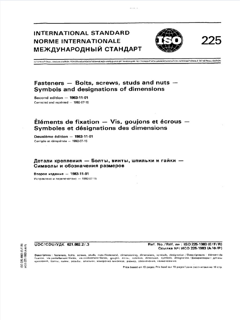 ISO 225 1983 (Elementos de Fijación. Pernos, Tornillos, Espárragos y ...