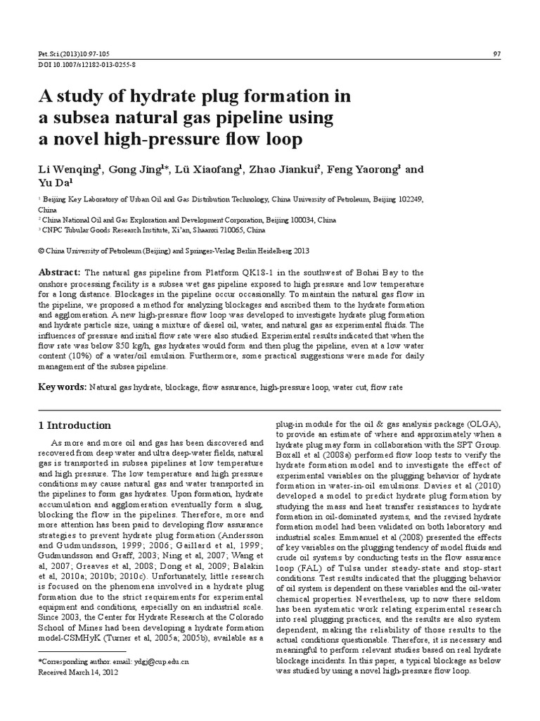 Hydrate Plug Formation in Subsea Pipelines | PDF
