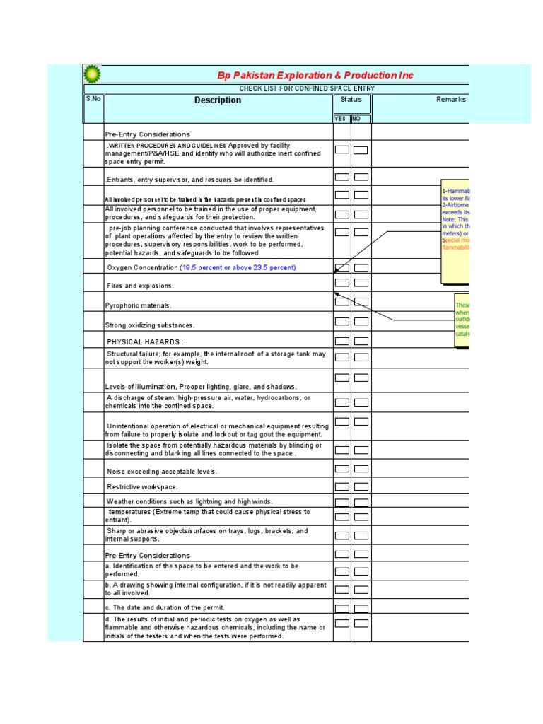 Check List For Confied Space | PDF | Occupational Safety And Health ...