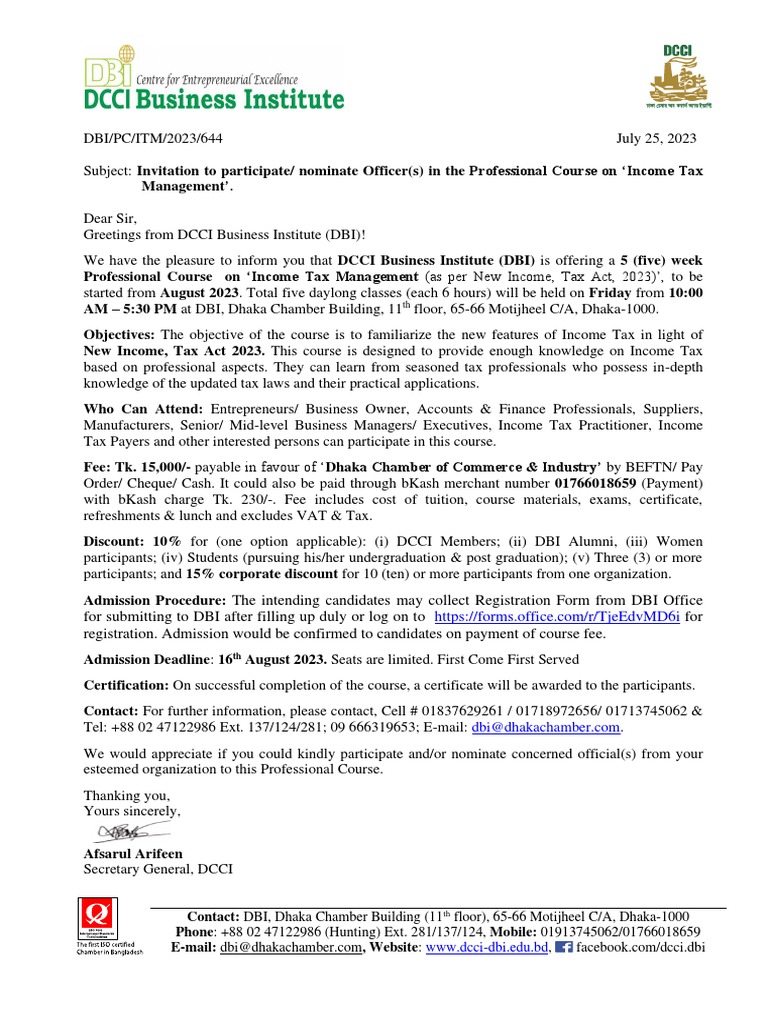 Invitation On Professional Course On Income Tax Management | PDF ...