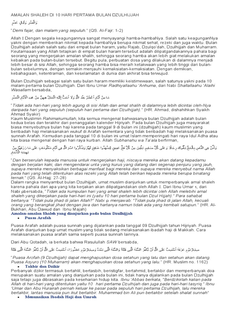 Amalan Shaleh Di 10 Hari Pertama Bulan Dzulhijjah | PDF