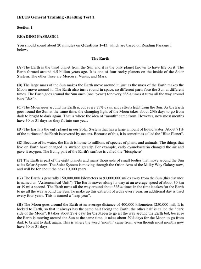 5. Ielts General Training -Reading Test 1 | PDF | Earth | Planets