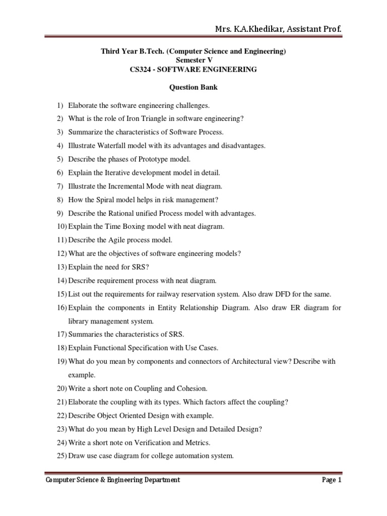 Software Engineering Question Bank - KAK | PDF | Agile Software Development | Systems Engineering