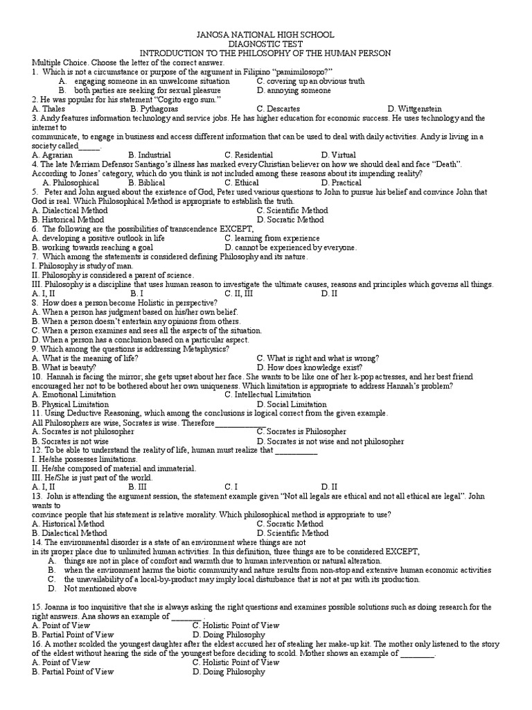 Diagnostic Test Final Introduction To The Philosophy of The Human ...