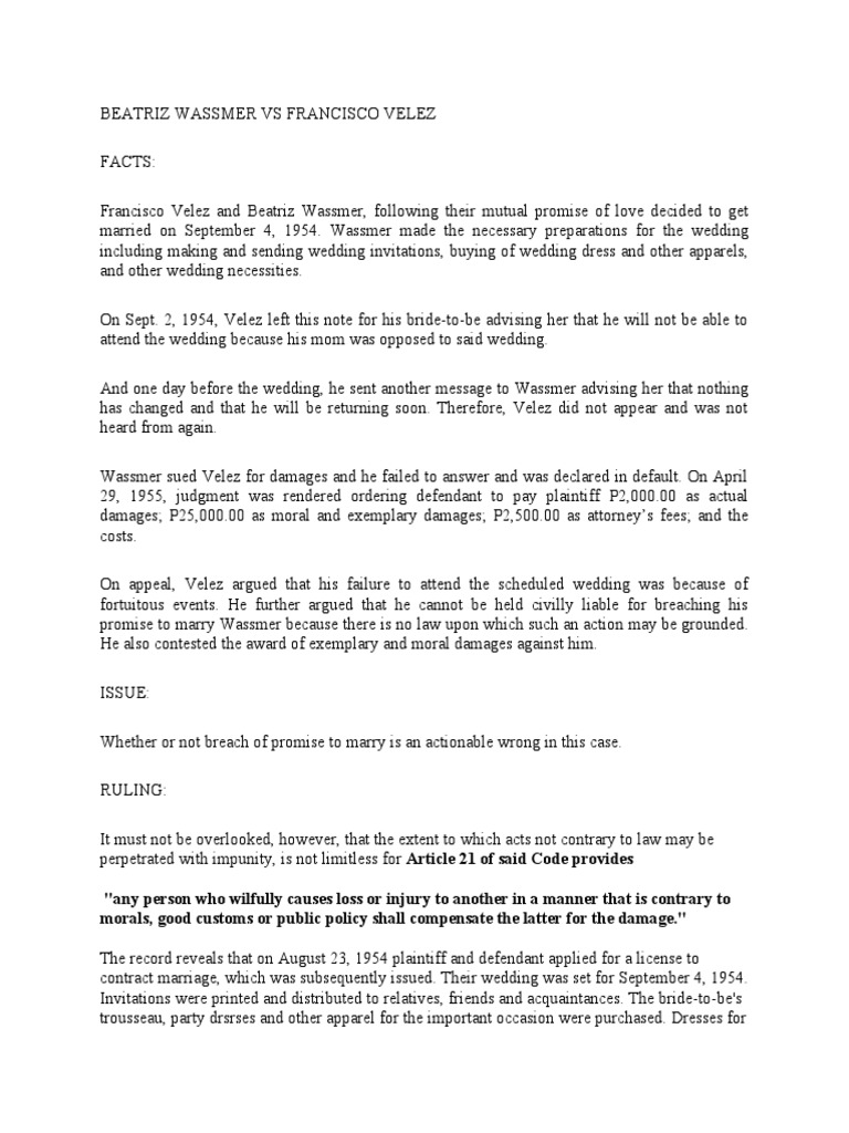 Beatriz Wassmer Vs Francisco Velez Perfam Art 2 6 | PDF | Damages | Justice