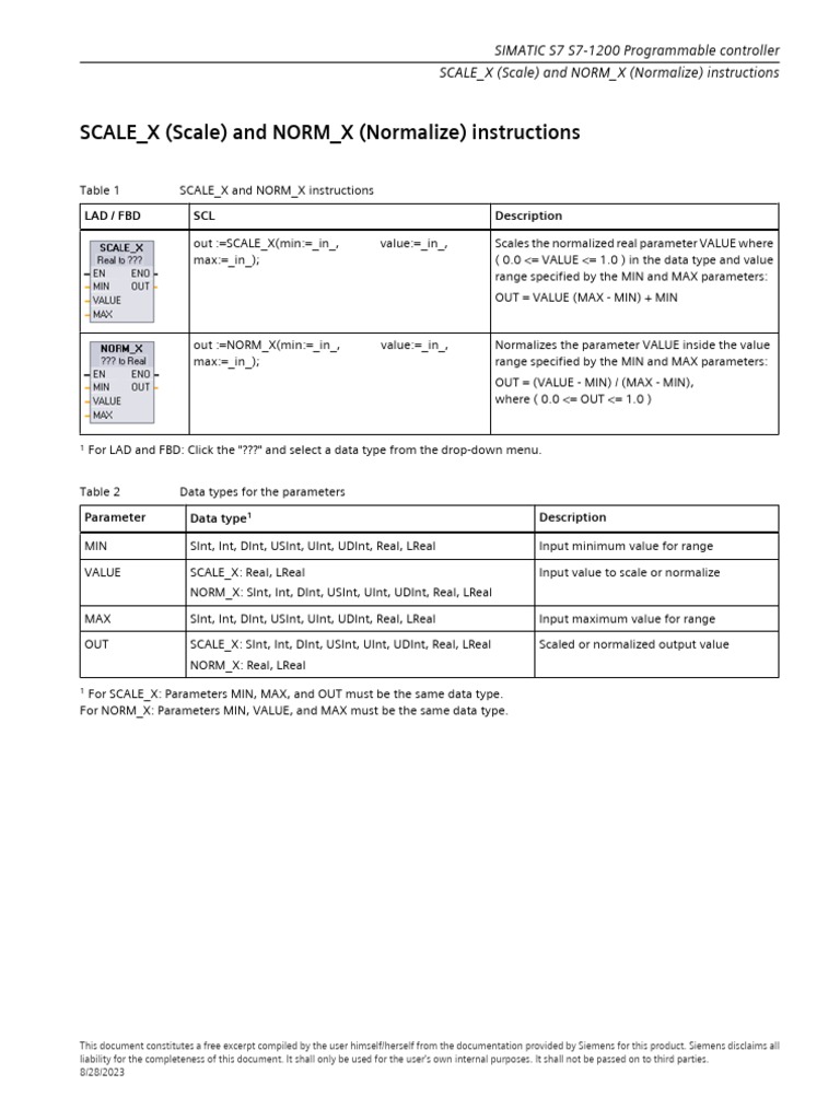 SIMATIC S7 S7-1200 Programmable Controller - SCALE_X (Scale) and NORM_X ...
