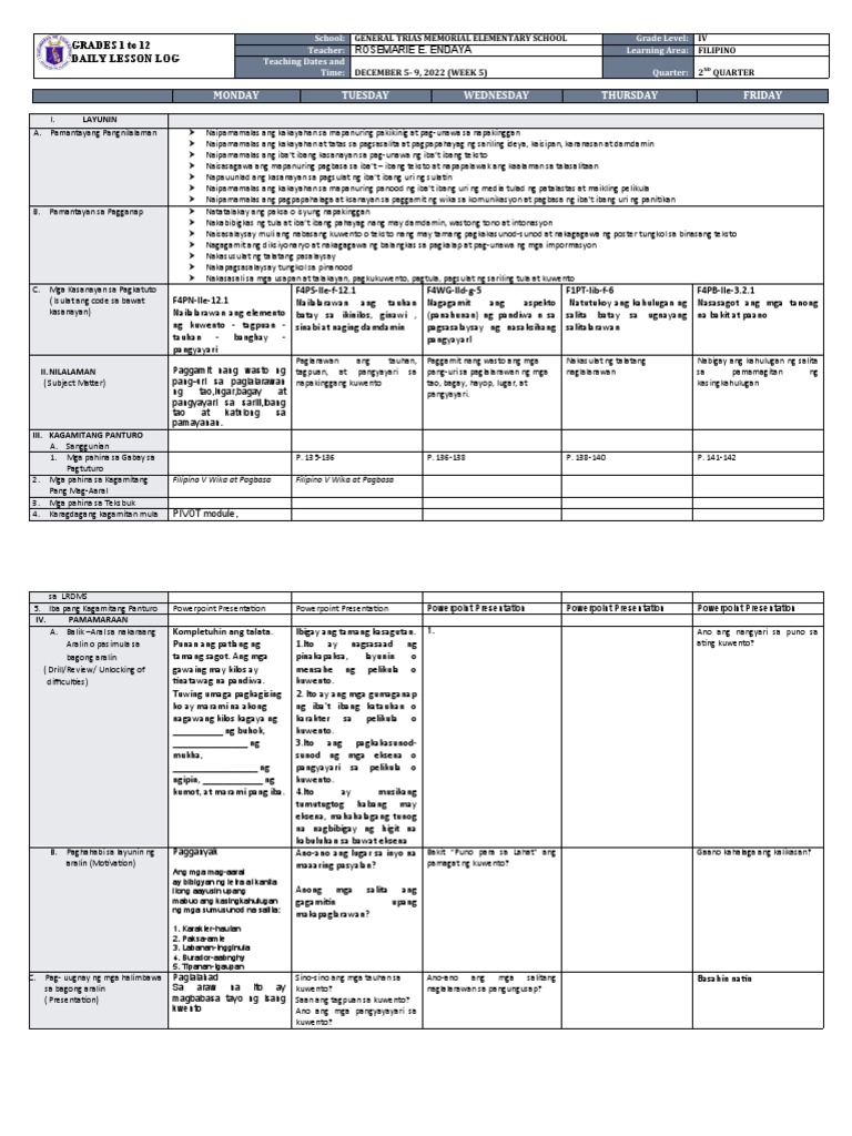 DLL - Filipino 4 - Q2 - W2 5 | PDF