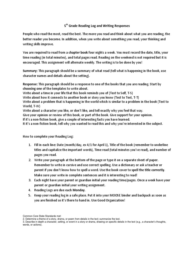 5th Grade Reading Log Guide | PDF | Books | Written Communication