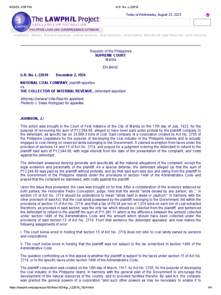 National Coal Co. v. Collector of Internal Revenue, 46 Phil. 583 | PDF | Taxes | Lease