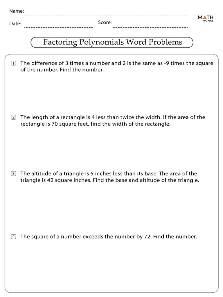 Grade 8 Exam Factoring-Polynomials-Word-Problems-Review-Worksheet | PDF