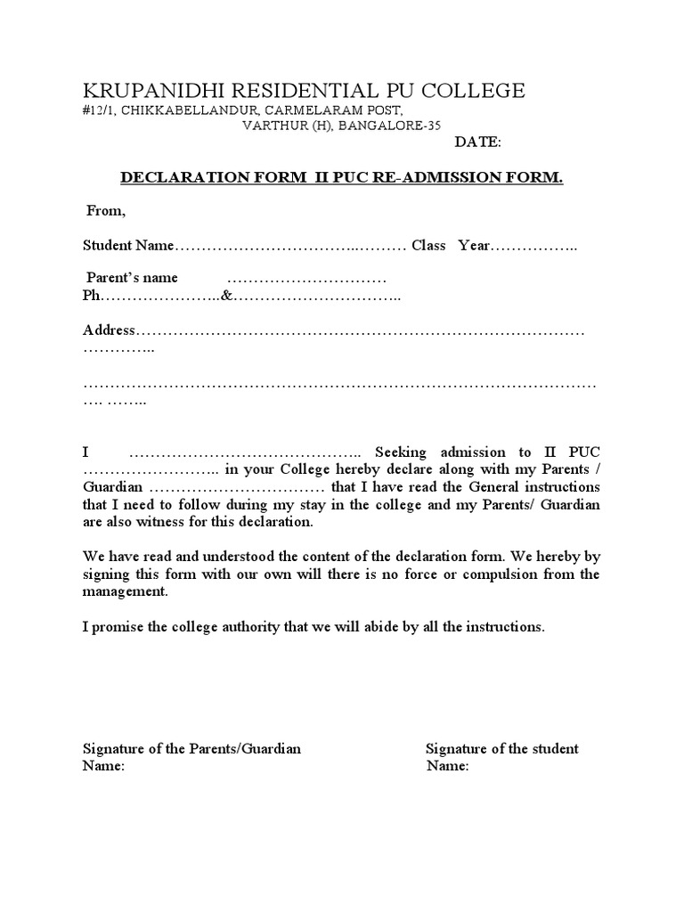 Re - Admission and Declaration Form II PUC | PDF | Career & Growth ...