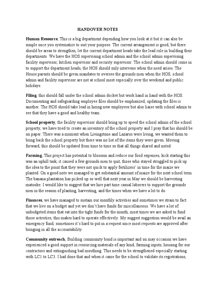 Handover Notes | PDF