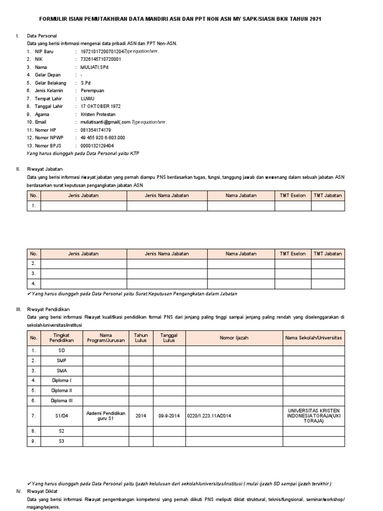 Formulir Isian Pemutakhiran Data Mandiri ASN Dan PPT Non ASN My SAPK BKN | PDF