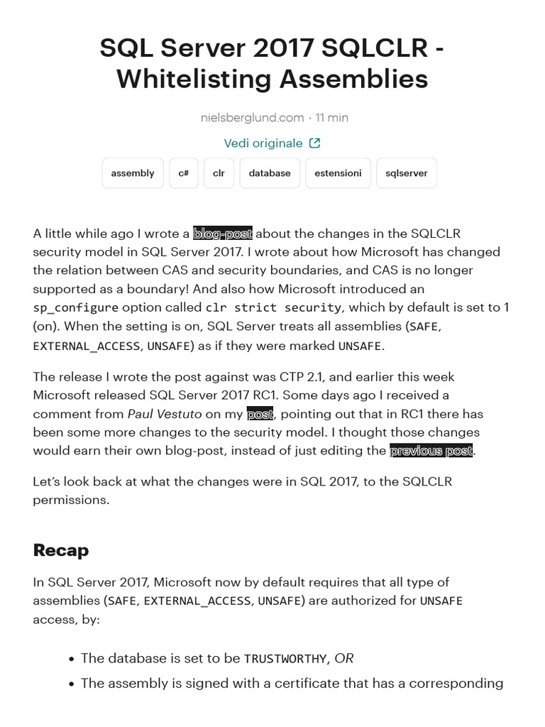Pocket - SQL Server 2017 SQLCLR - Whitelisting Assemblies | PDF | Microsoft Sql Server | Databases