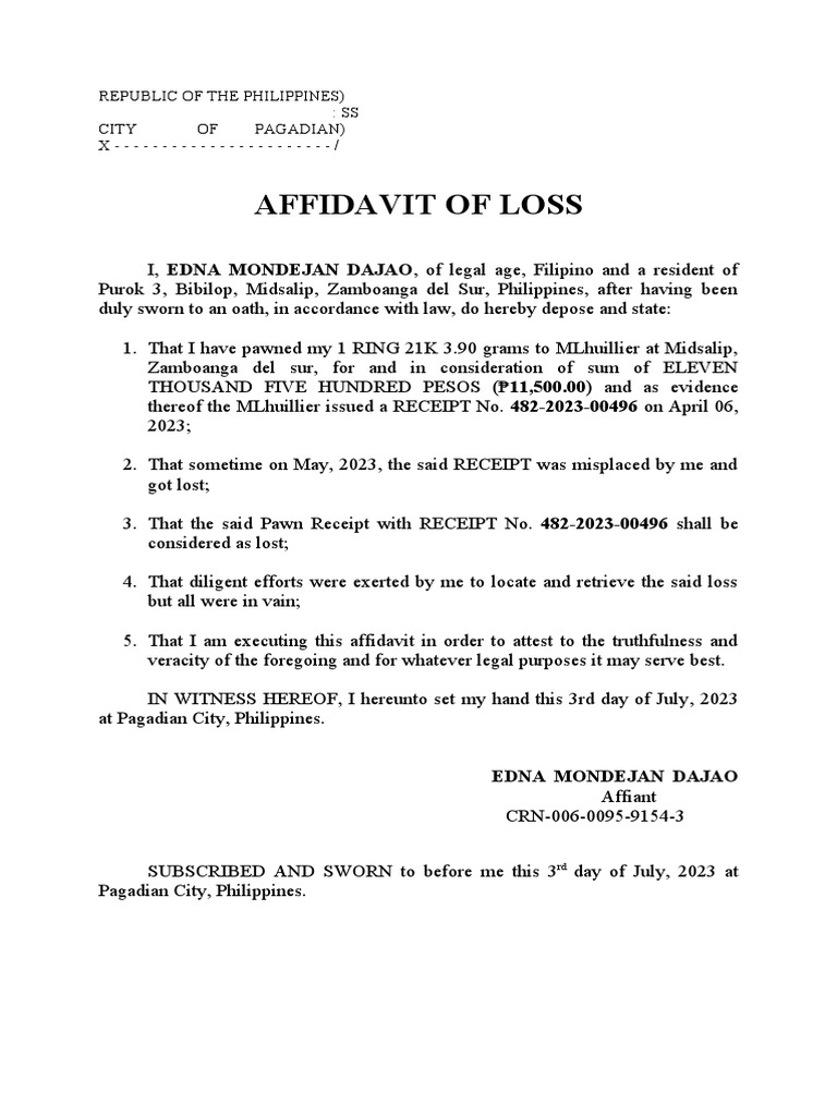 Affidavit of Loss (Pawned Receipt Mlhuiller) Dajao | PDF