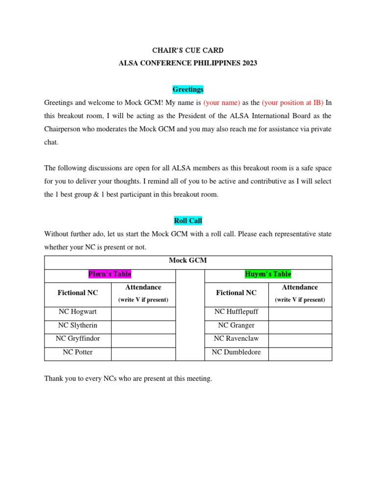 Mock GCM Chair Cue Card Time Keepers OC | PDF | Career & Growth ...