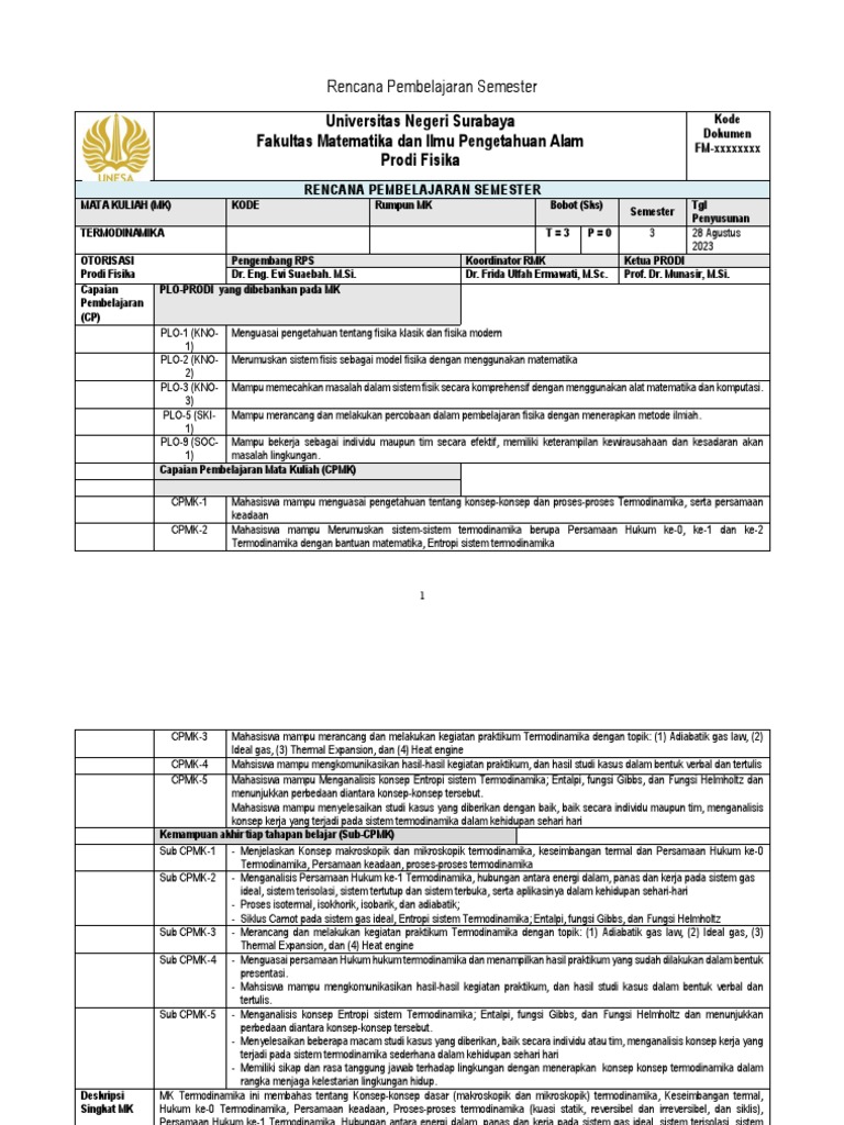 Rencana Pembelajaran Termodinamika Fisika | PDF