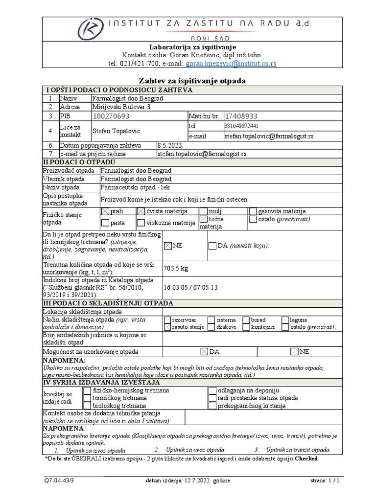 Q7-04-43 Zahtev Za Ispitivanje Otpada | PDF