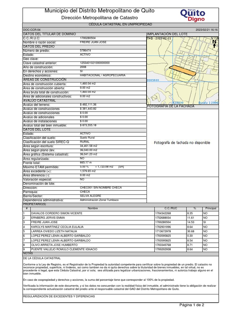 Cédula Catastral Quito: Datos Predio y Titular | PDF | Propiedad | Ley ...