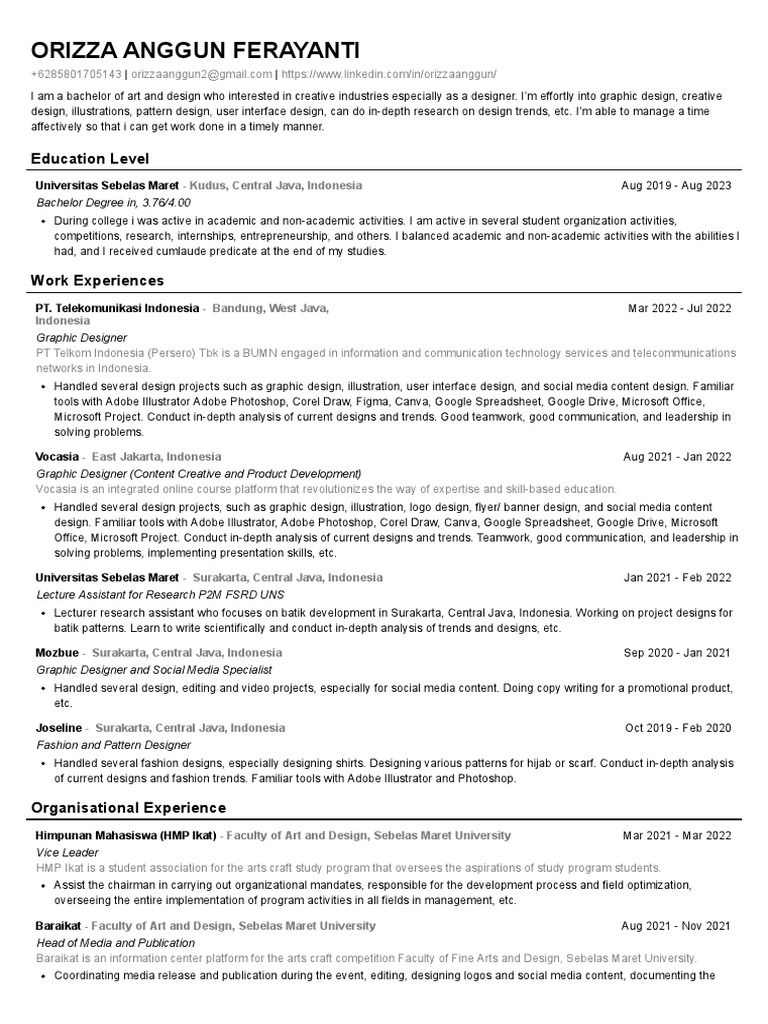 Orizza Anggun Ferayanti-Resume | PDF | Graphic Design | Computing