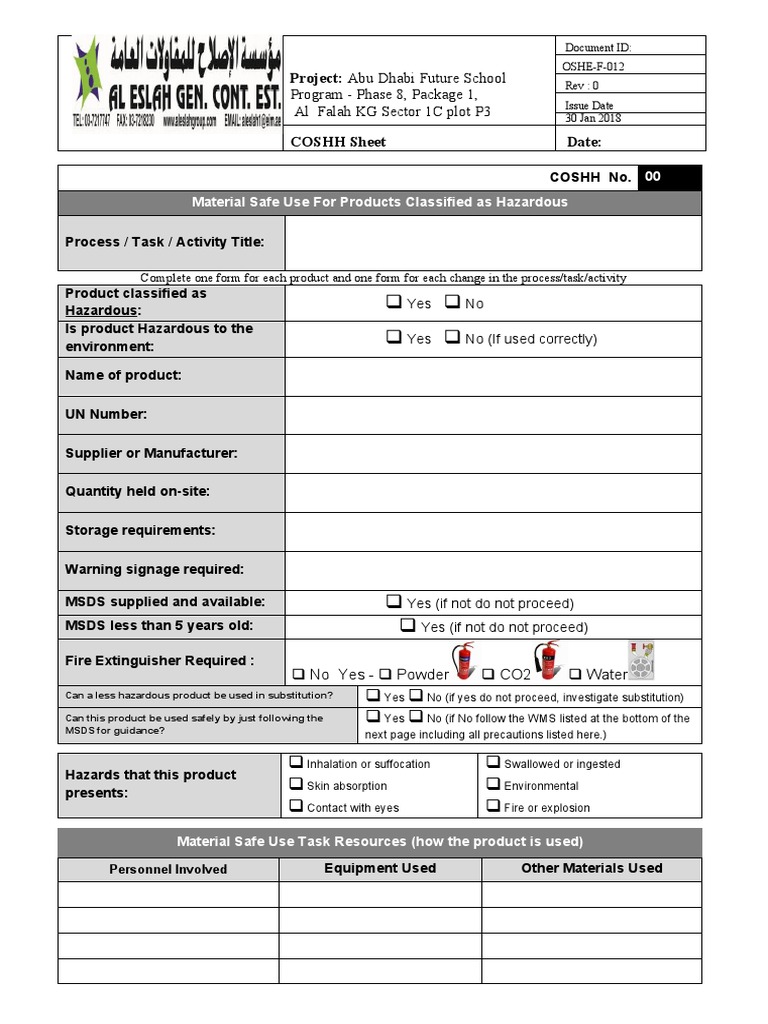 Oshe F 12, Coshh Sheet | PDF | Personal Protective Equipment | Safety