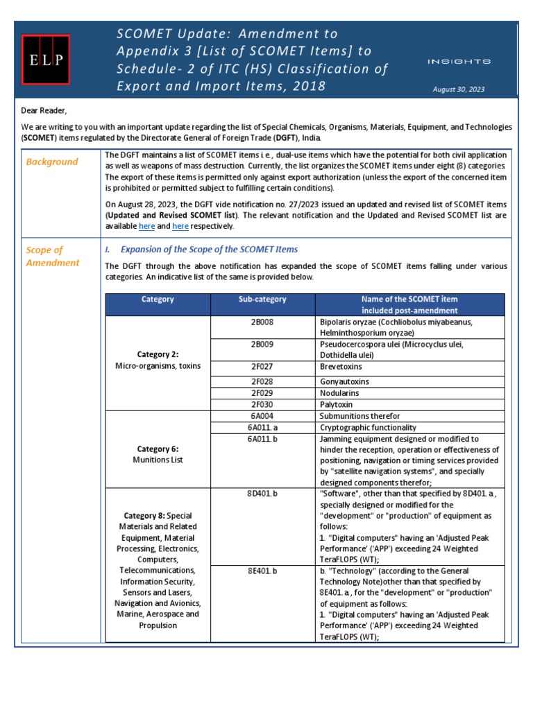SCOMET Update Amendment to Appendix 3 List of SCOMET Items to Schedule ...