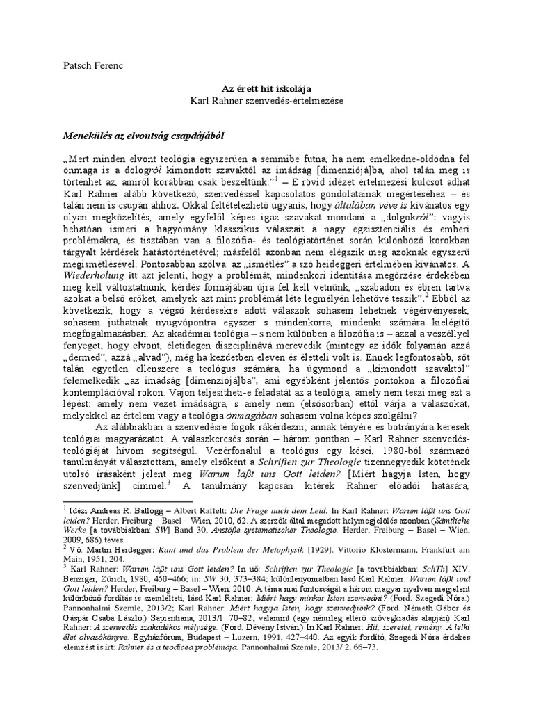 Az Érett Hit Iskolája Karl Rahner Szenvedés-Értelmezése | PDF