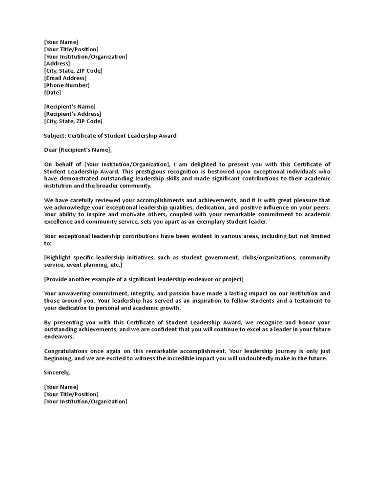 Student Leadership Award Certificate | PDF