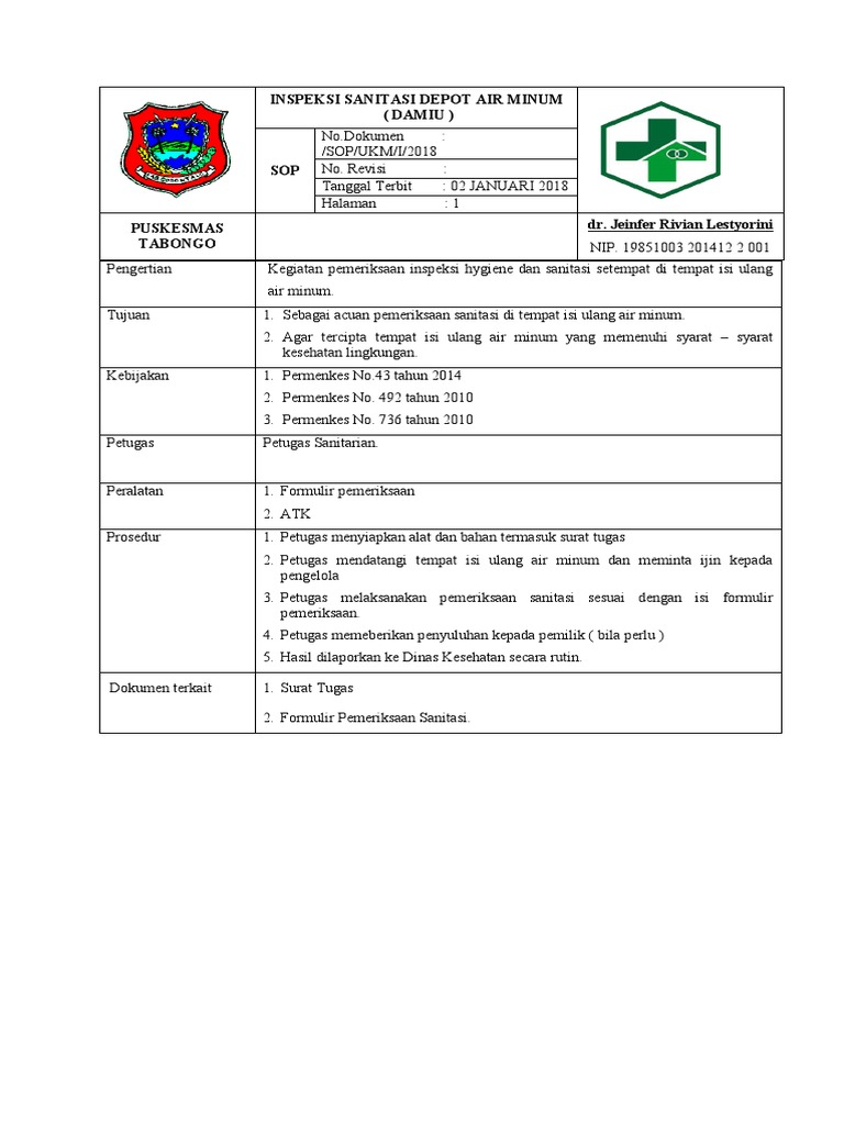 SOP Inspeksi Sanitasi DAMIU | PDF
