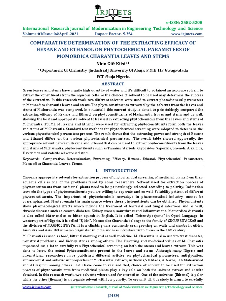 Comparative Determination of The Extracting Efficacies of Hexane and Ethanol On Phytochemical ...