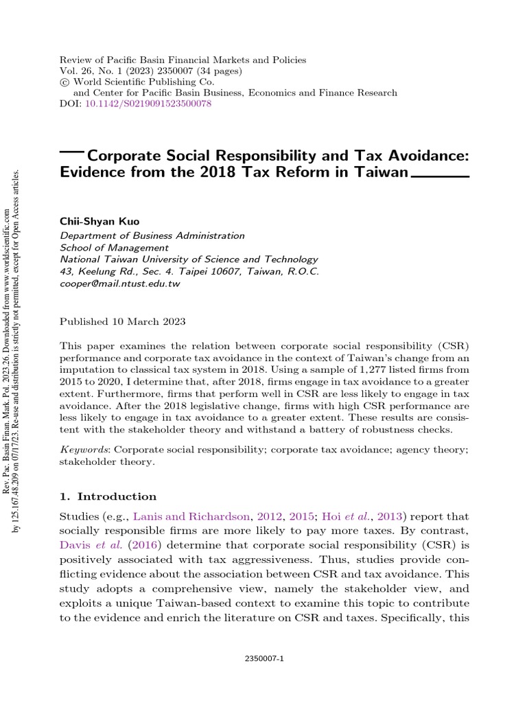 Corporate Social Responsibility and Tax Avoidance: Evidence From The 2018 Tax Reform in Taiwan ...