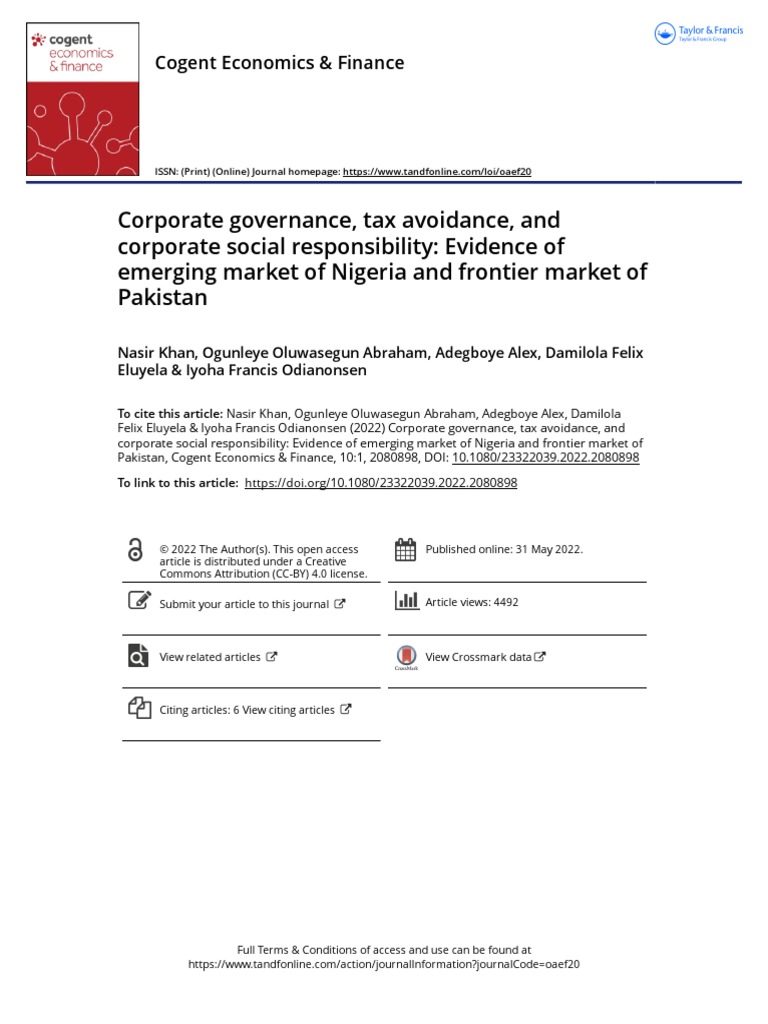 Corporate Governance Tax Avoidance and Corporate Social Responsibility Evidence of Emerging ...