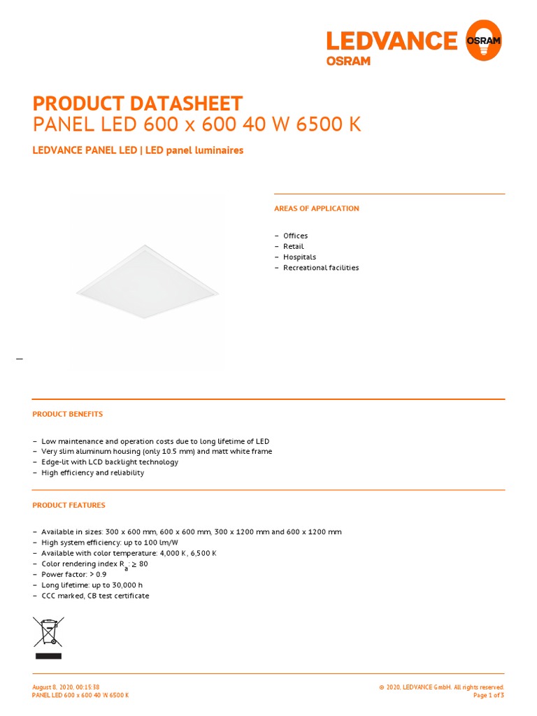 Osram 600x600 LED Panel Overview | PDF | Light Emitting Diode | Mains ...