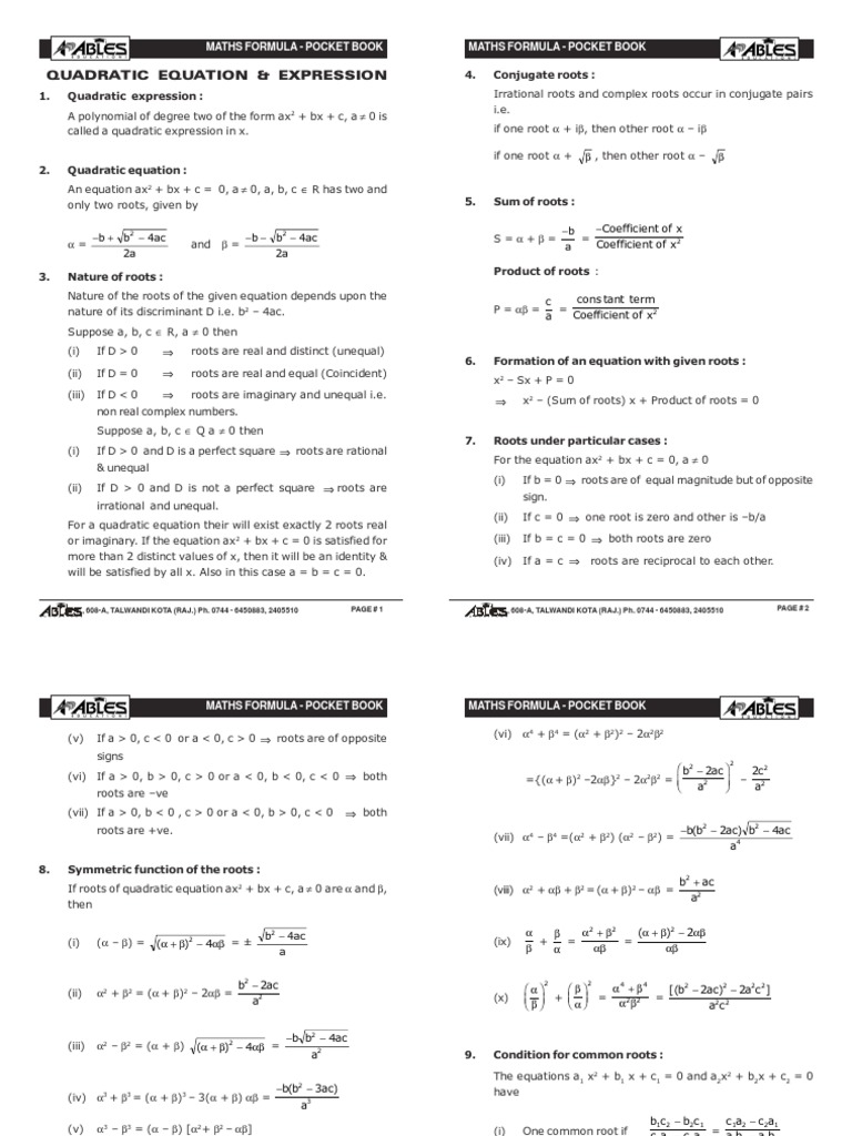 8 MATHS_FORMULA_POCKET_BOOK_MATHS_FORMULA | PDF | Quadratic Equation ...