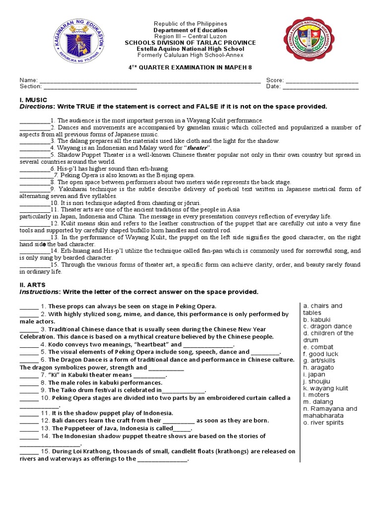 4th Quarter Exam MAPEH 8 | PDF | Dances | Theatre