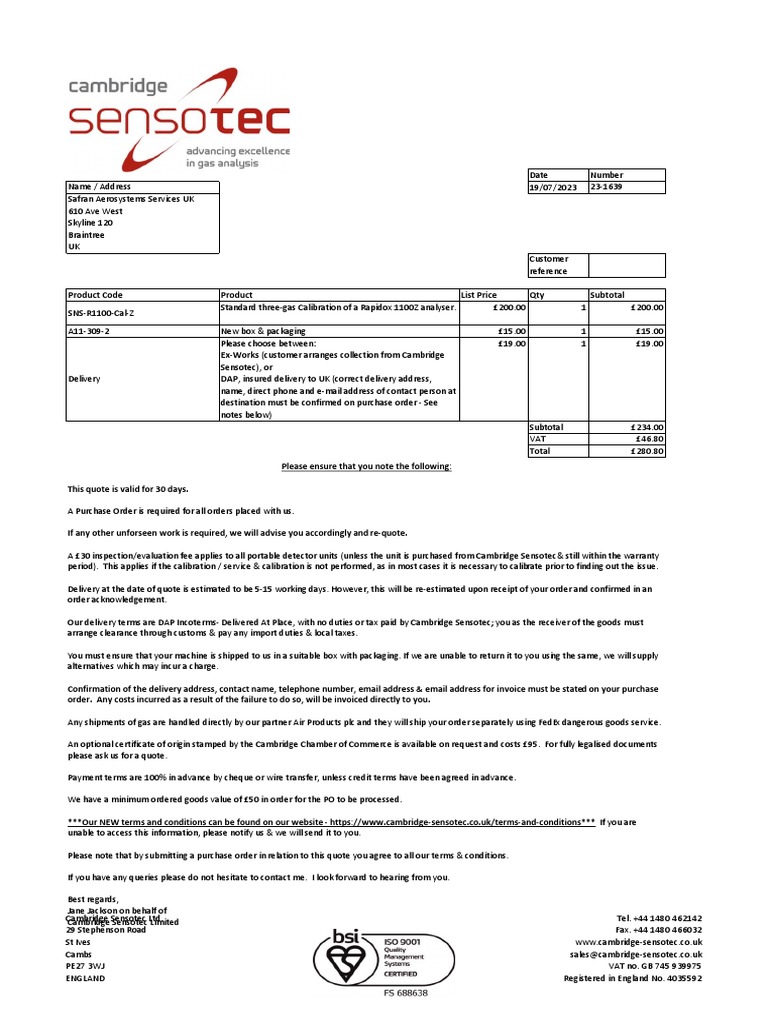 Cambridge Sensotec Quotation 23-1639 Safran Aerospace 19-07-2023 | PDF | Business | Economies