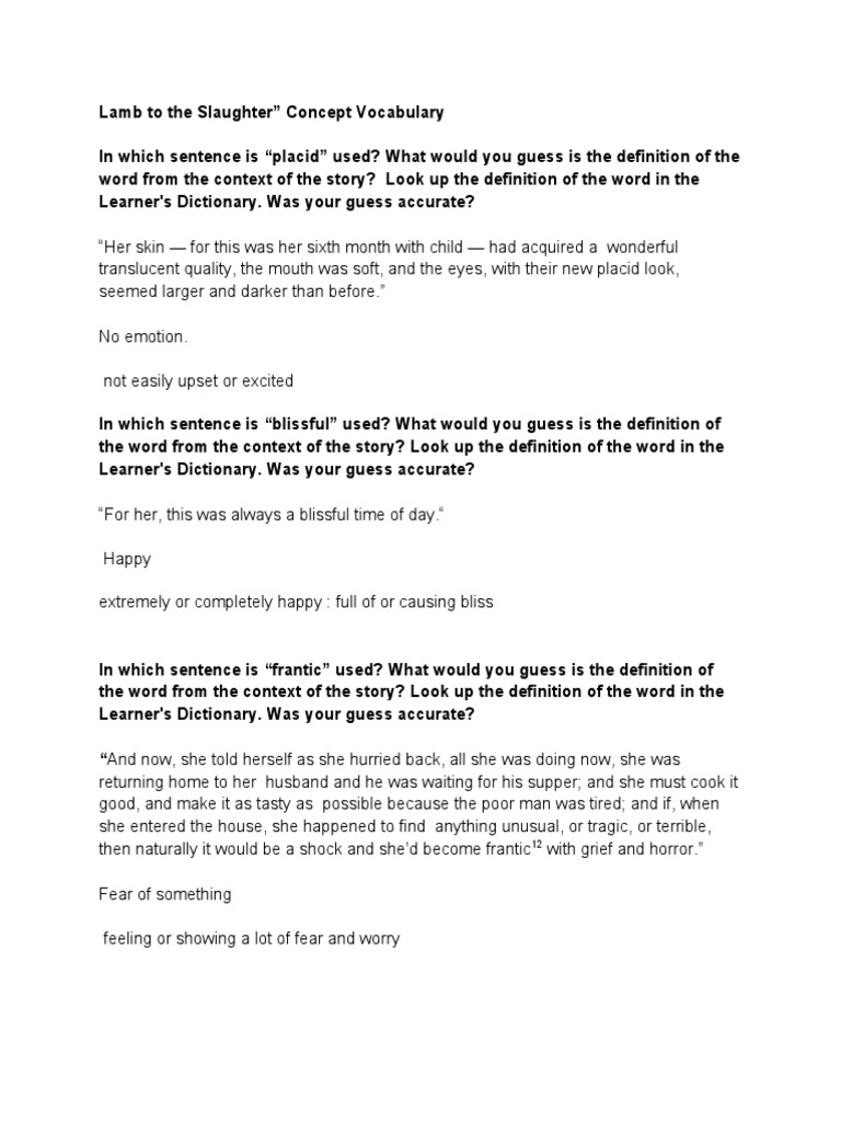 Lamb To The Slaughter" Concept Vocabulary | PDF | Vocabulary