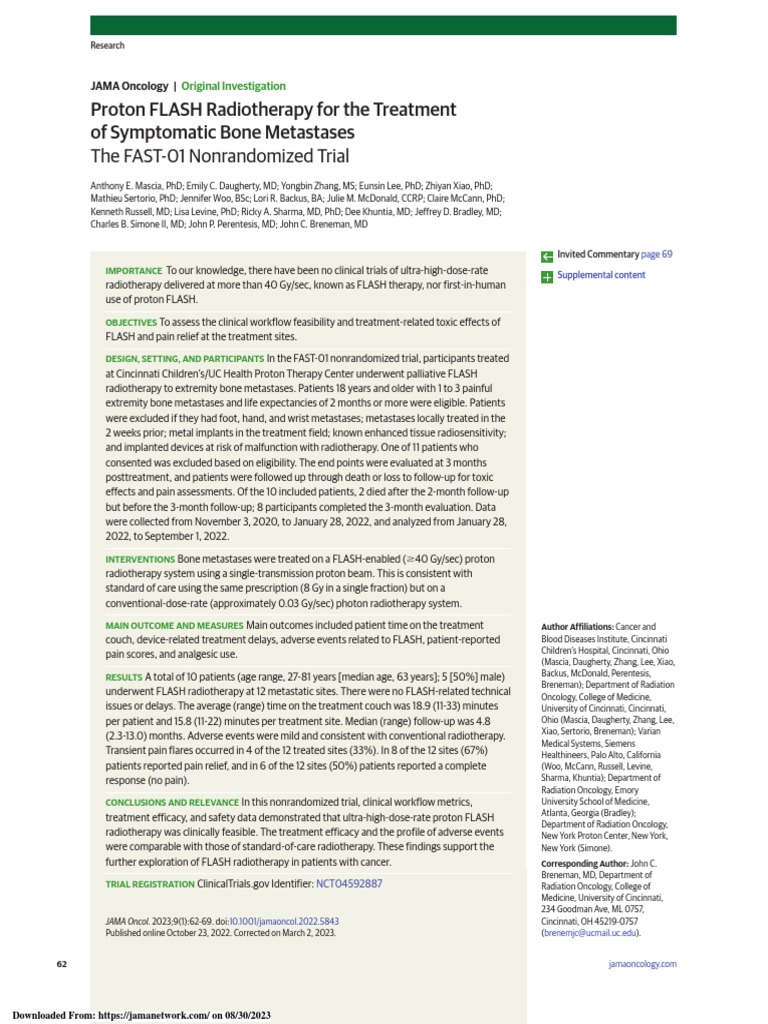 Proton FLASH Radiotherapy For The Treatment of Symptomatic Bone ...