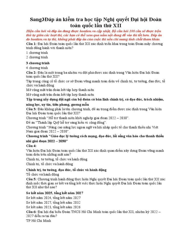 Dap An Kiem Tra Hoc Tap Nghi Quyet Dai Hoi Doan Toan Quoc Lan Thu XII | PDF