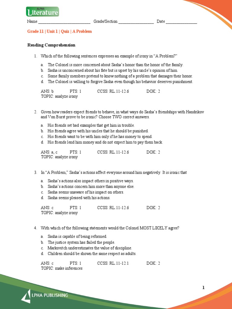 Grade 11 Unit 1 Quiz Week 4 Teacher | PDF
