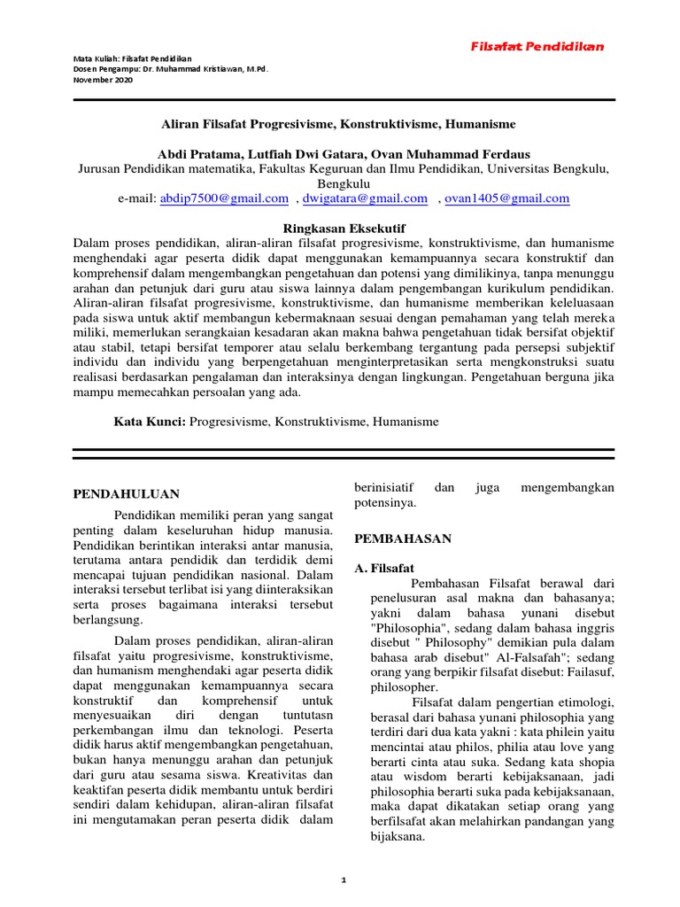PDF Filsafat Pendidikan Aliran Filsafat Progresivisme Konstruktivisme Humanisme - Compress | PDF ...
