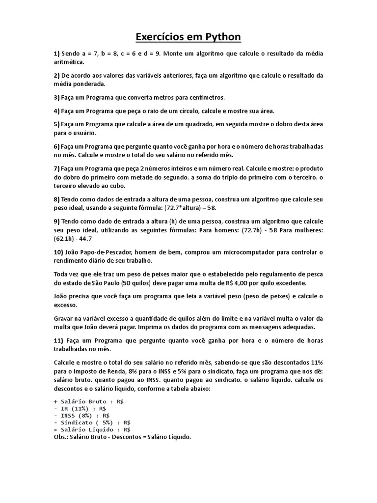 Exercícios Em Python Pdf Salário Mínimo Média