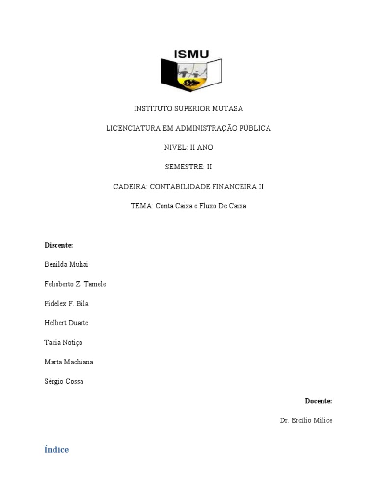 INSTITUTO SUPERIOR MUTASA Contabilidade Caixa | PDF | Fluxo de caixa ...