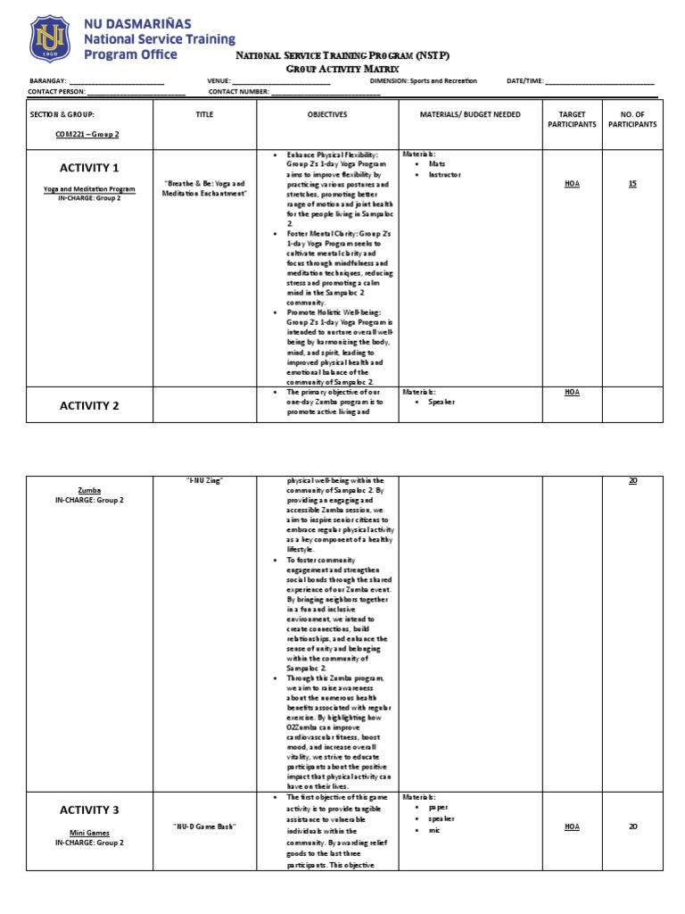 Nstp2 - Group 2 Activity-Matrix | PDF | Meditation | Yoga